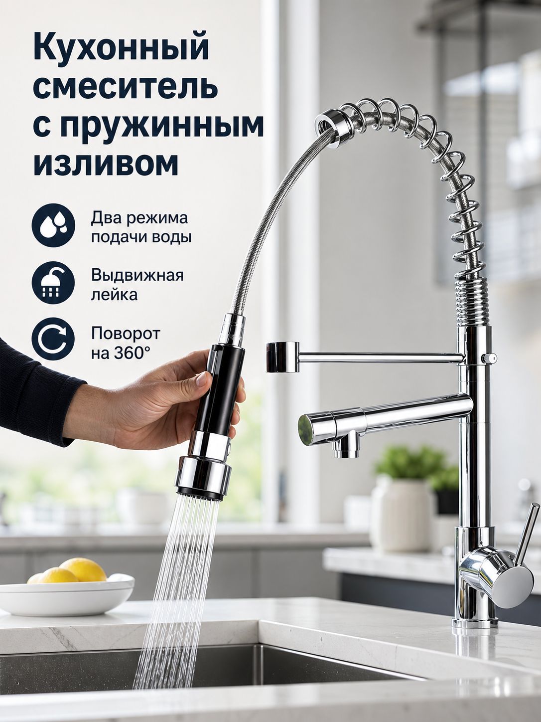 Кухонный смеситель с вытяжной лейкой, пружинный, хромированный, нержавеющая сталь, два режима подачи воды
