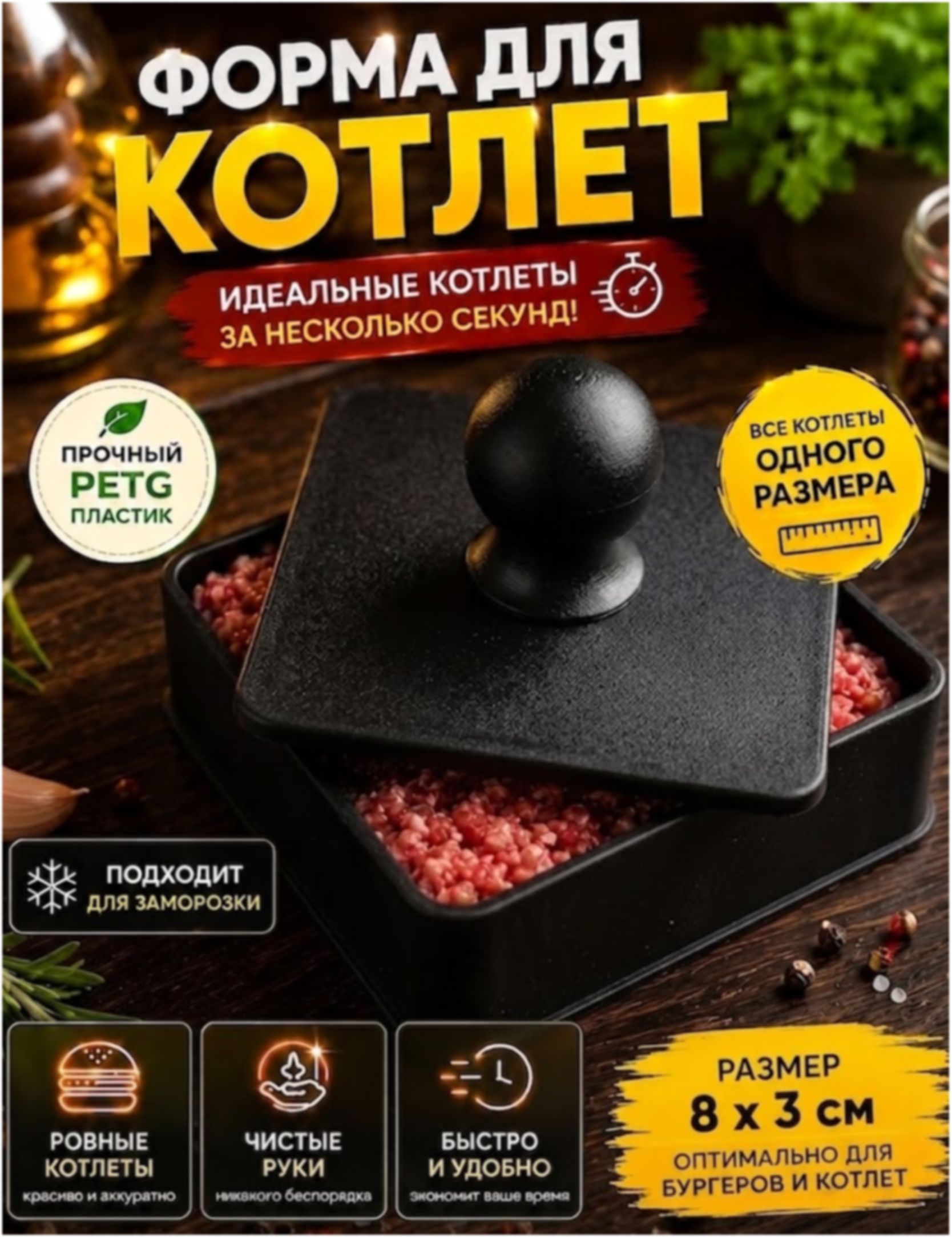 Пресс-форма для котлет, квадратная 8 х 3 см, черная