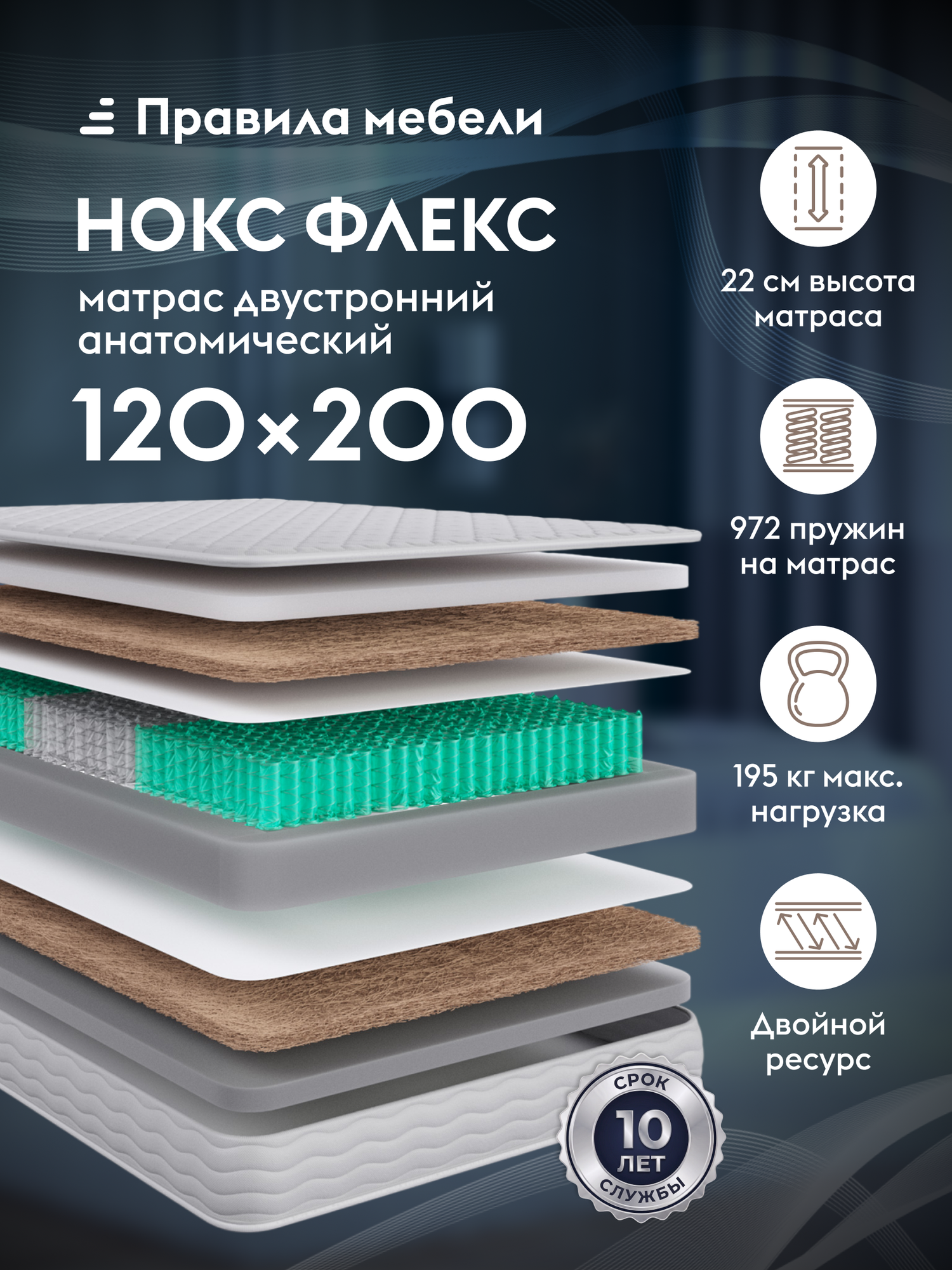 Матрас Нокс флекс, 120х200 см, независимые пружины, двусторонний, Белый