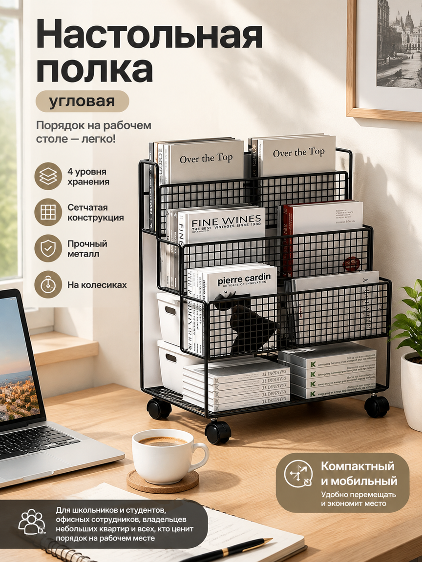 Полка настольная угловая, черная металлическая, 4 уровня, сетчатая, 55х21х12 см, на колесиках