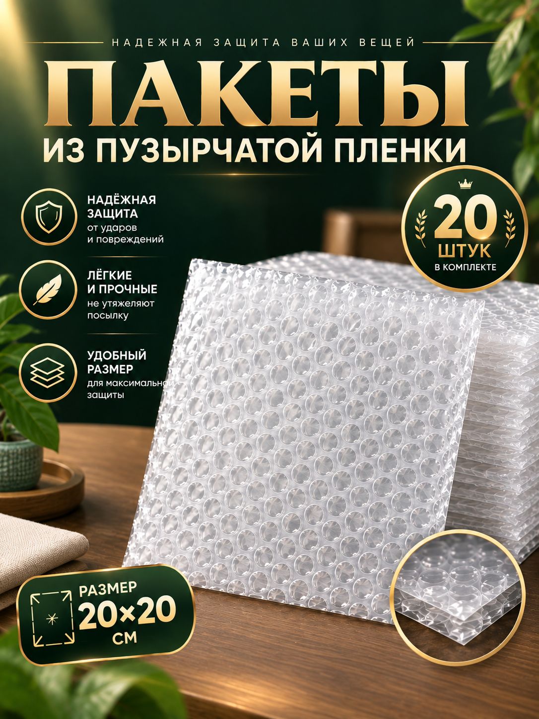 Пакеты воздушно-пузырчатые 20 20 см, 20 штук в упаковке. Пузырчатые пакеты для надежной упаковки и защиты хрупких товаров.