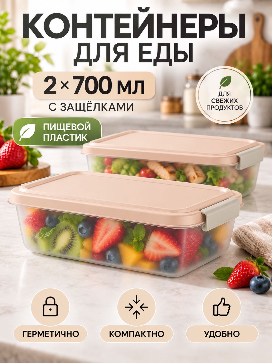Контейнер для еды 0,7 литров, комплект 2 шт, 18,4х12,4х4,8 см, с защелками, герметичный