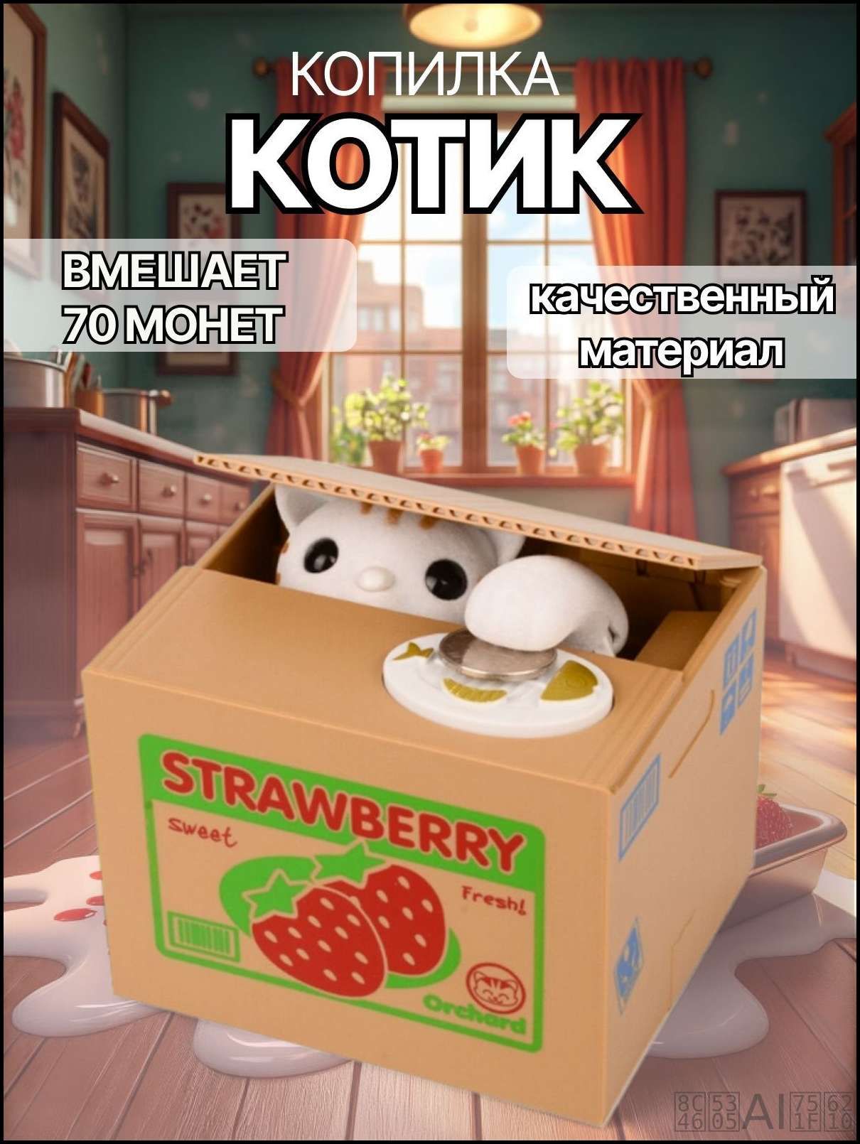 Копилка в форме котика с клубникой, разноцветная, 1 штука в упаковке, для накопления монет