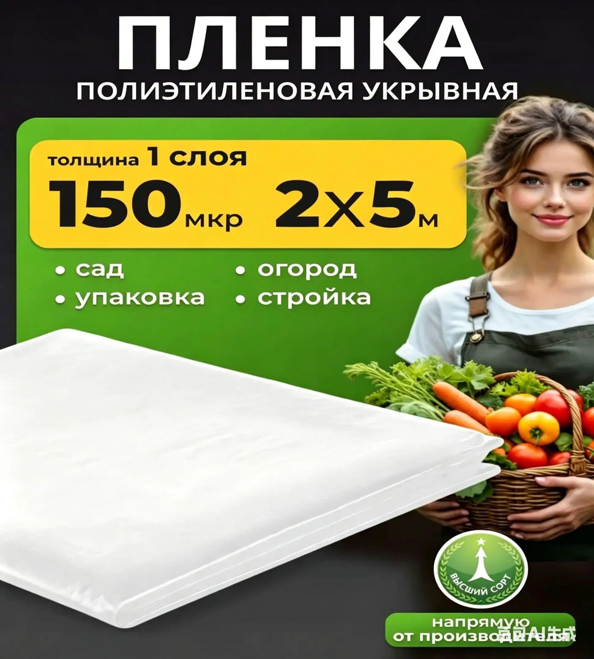 Пленка полиэтиленовая укрывная 150мкм плотная для парника теплицы 2*5м защитная для сада ремонта