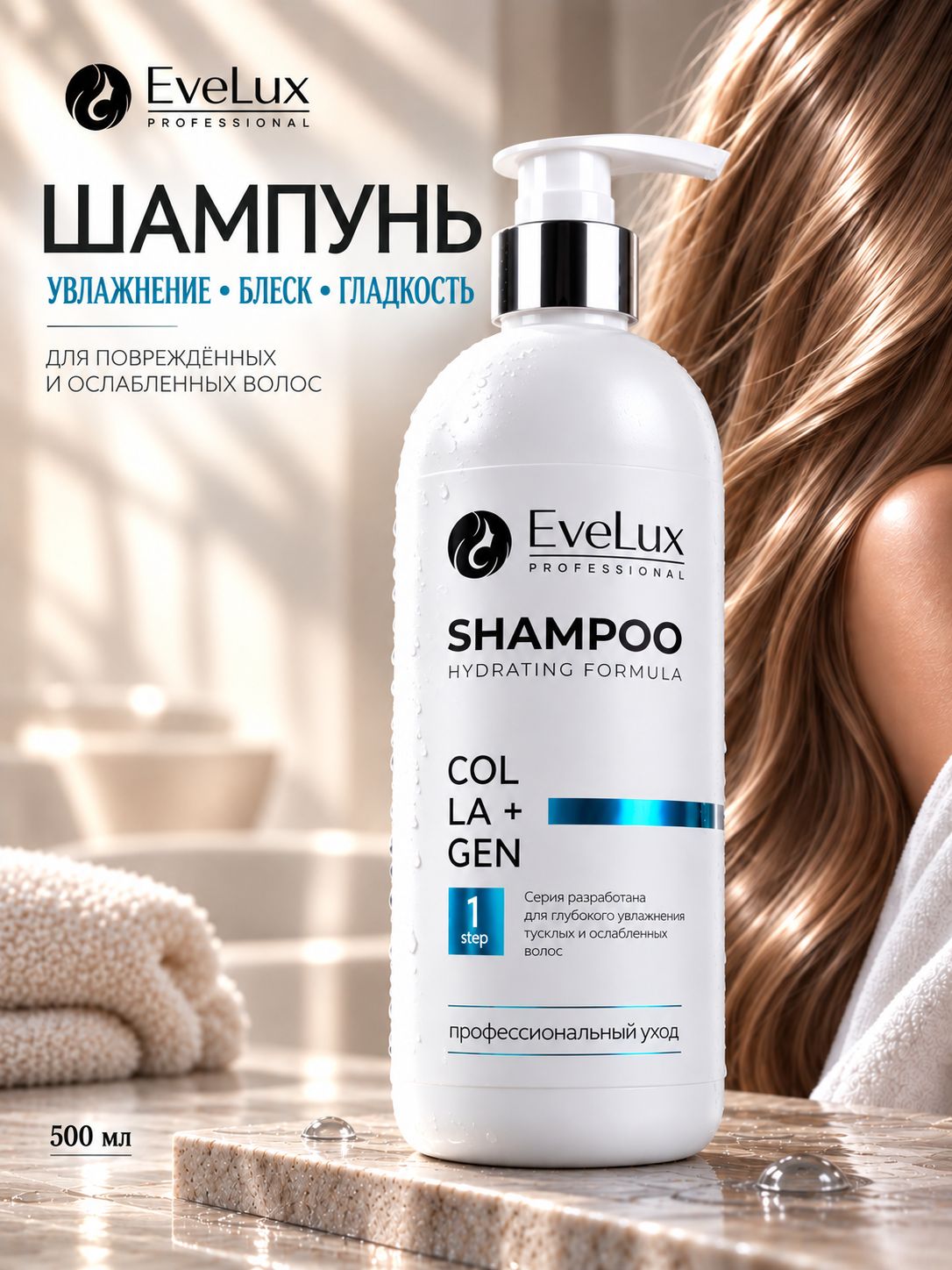 EVELUX PROFESSIONAL Шампунь для глубокого увлажнения волос с коллагеном и ниацинамидом профессиональный