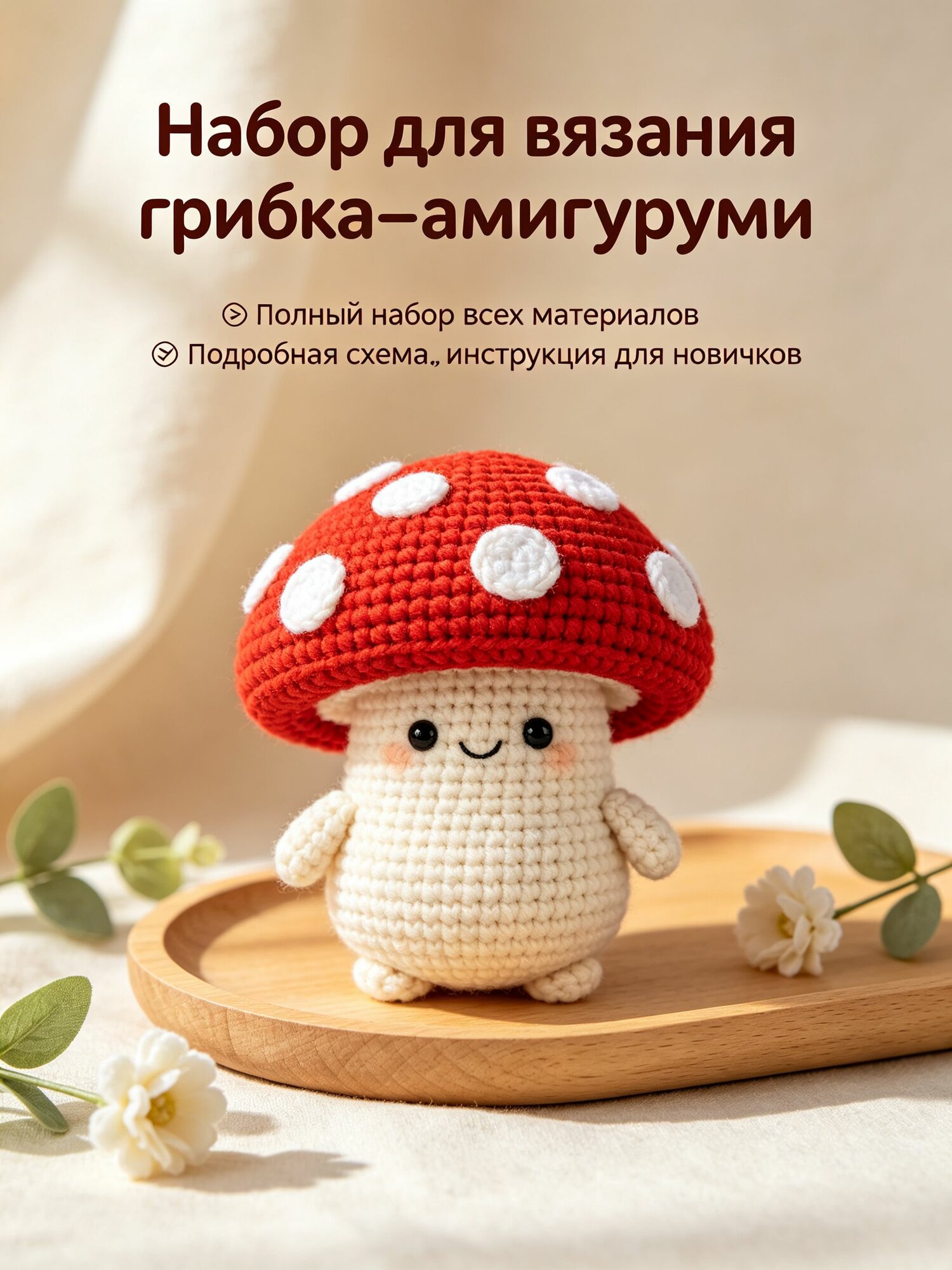 Набор для вязания крючком амигуруми грибка, под силу даже новичкам, не готовая игрушка, размер 18 20 см, подарок своими