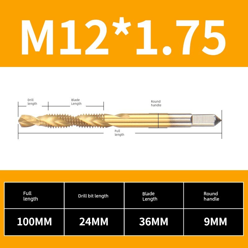 Метчик из желтого титана, закаленный, M12x1.75мм x 10.3мм для сверления металла