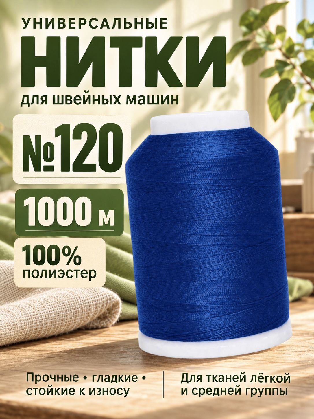 Универсальные нитки №120 синие, полиэстер, намотка 1000 м, прочные