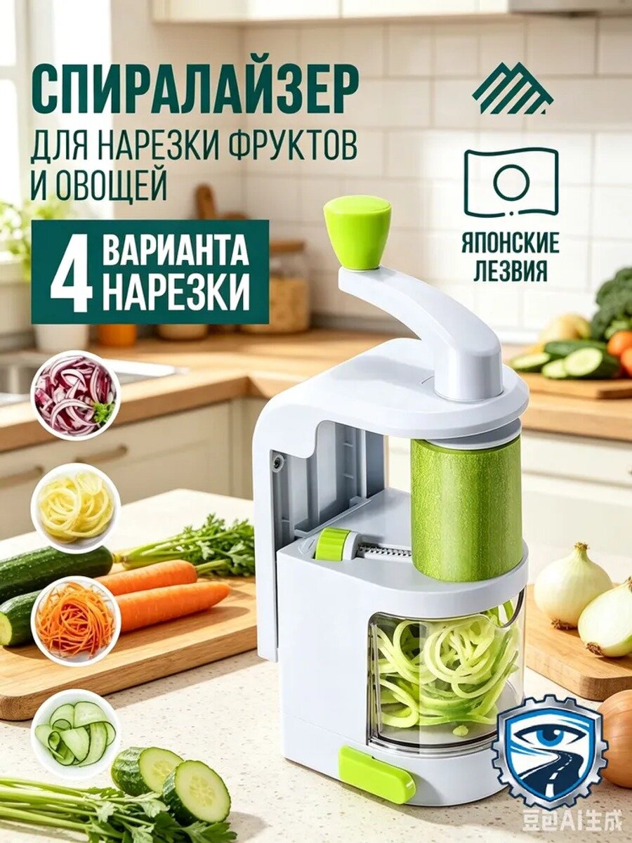 Спиралайзер механический ручной с контейнером 500 мл, 4 вида нарезки, белый