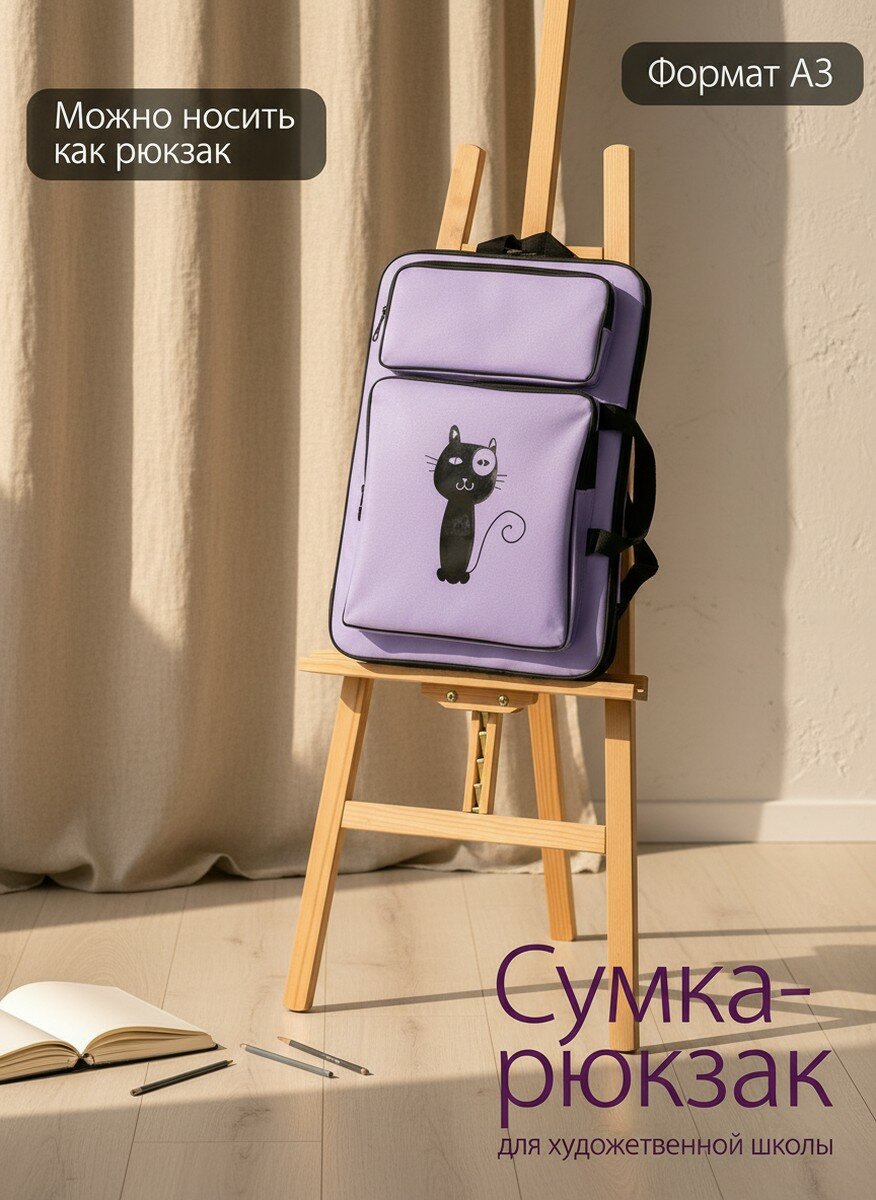 Сумка-рюкзак для художников А3, фиолетовая, Водонепроницаемая, брезент, Для изо и пленэра