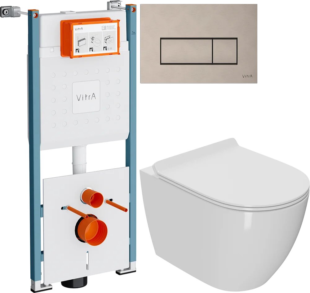 Комплект 3 в 1 Унитаз подвесной Bauedge Bau Dream / Инсталляция VitrA Ви-Фикс Кор (V-Fix Core) 732-5800-01PV / Кнопка Рут Скуэр (Root Square) 740-2395 цвет никель