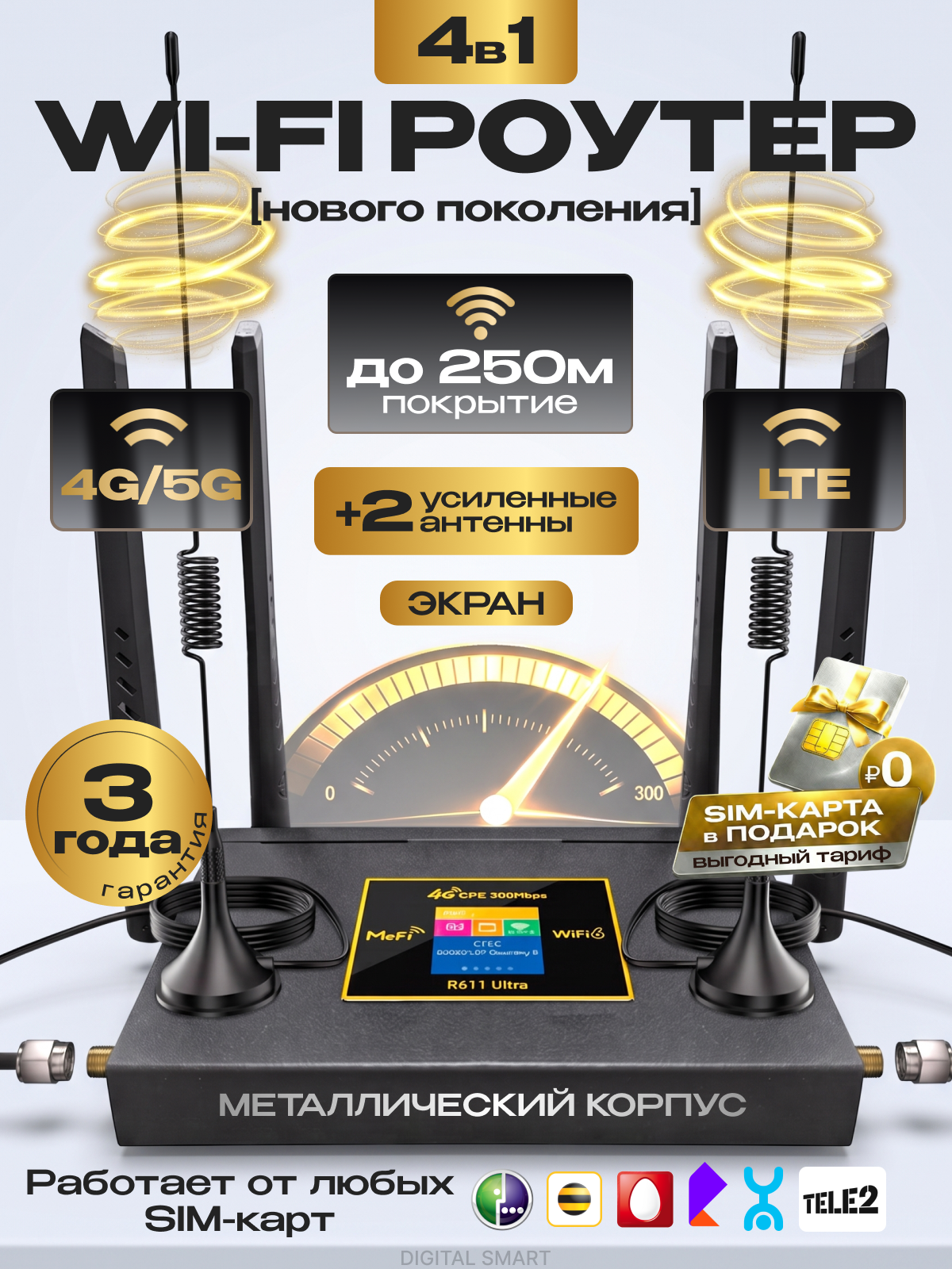 Роутер WIFI 6 3в1 с сим картой 4G/5G, скорость до 300 Мбит/с, покрытие до 250 метров