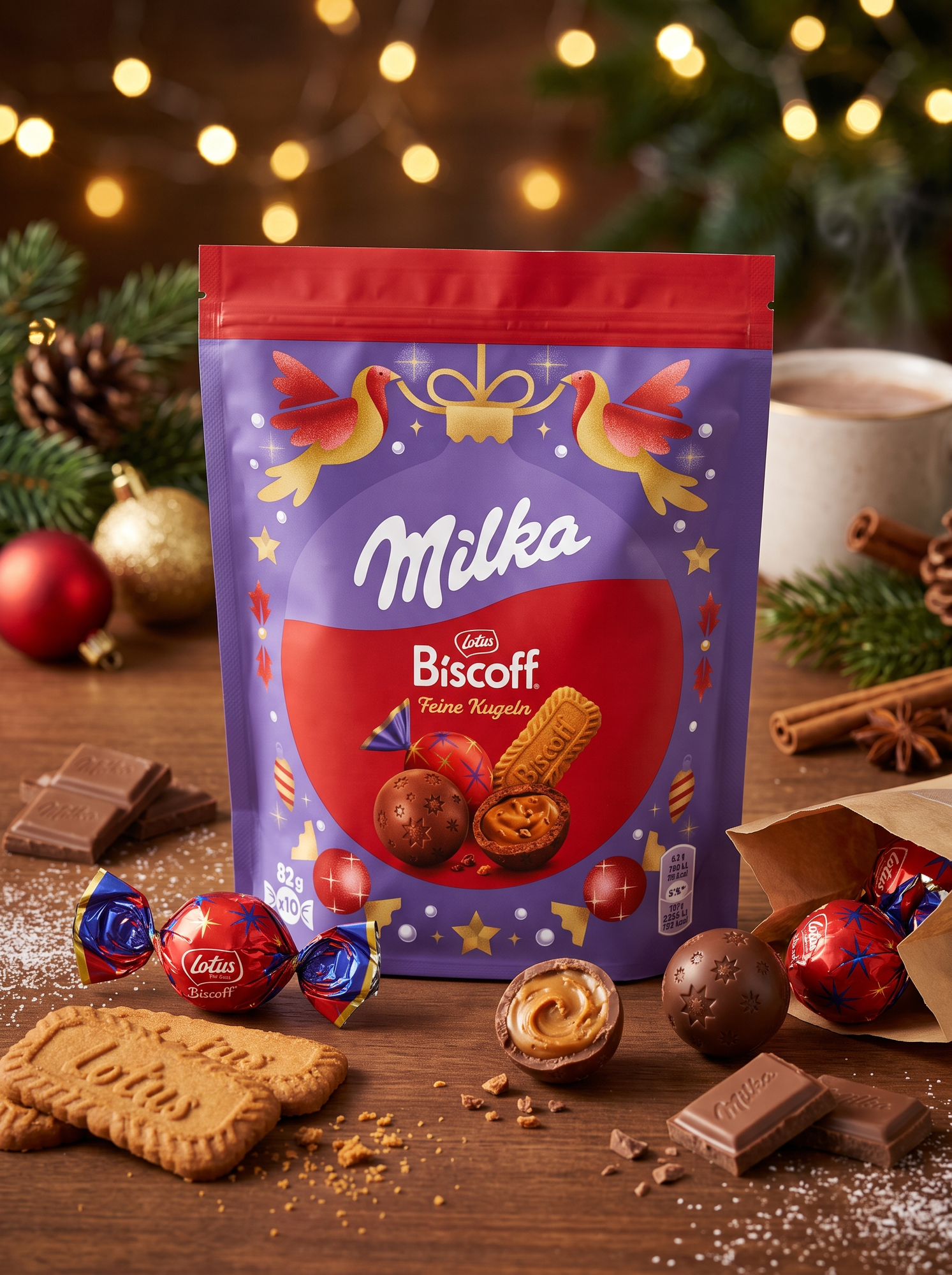 Новогодняя коллекция Milka Feine Kugeln Lotus Biscoff/ Шоколадные конфеты 82г (Германия)
