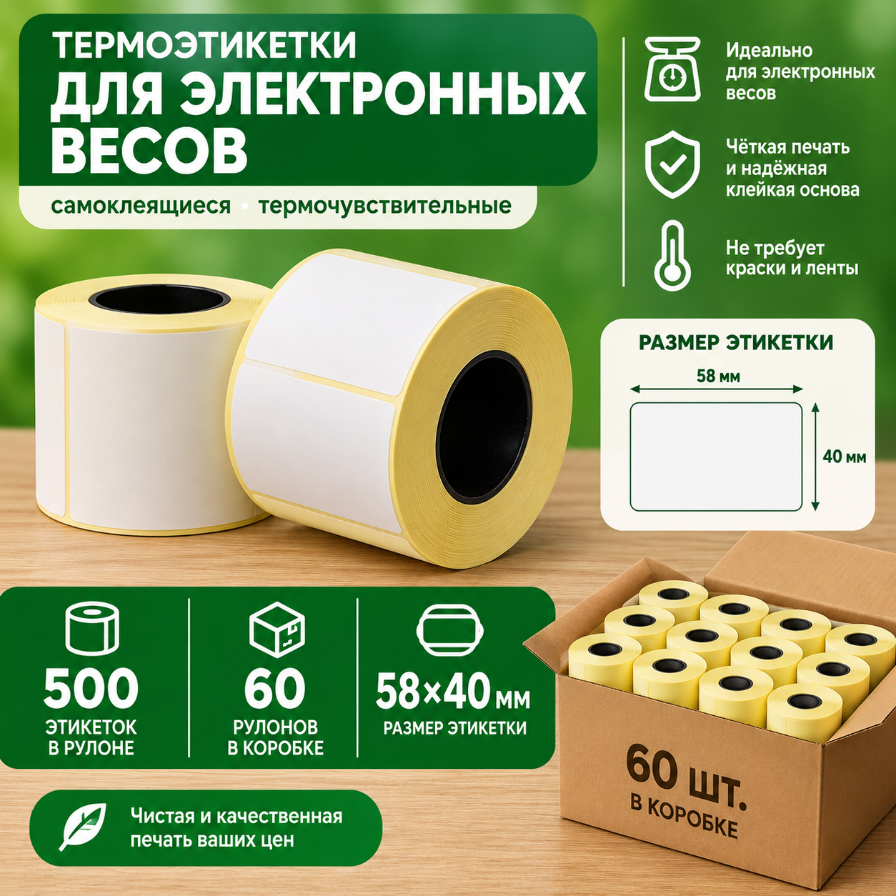 Термоэтикетки 58×40 мм для электронных весов, жёлтая термобумага, 500 шт. в рулоне, 60 рулонов