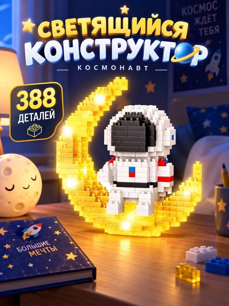 Конструктор 3д, LED подсветка "Космонавт" 388 деталей, 3d конструктор
