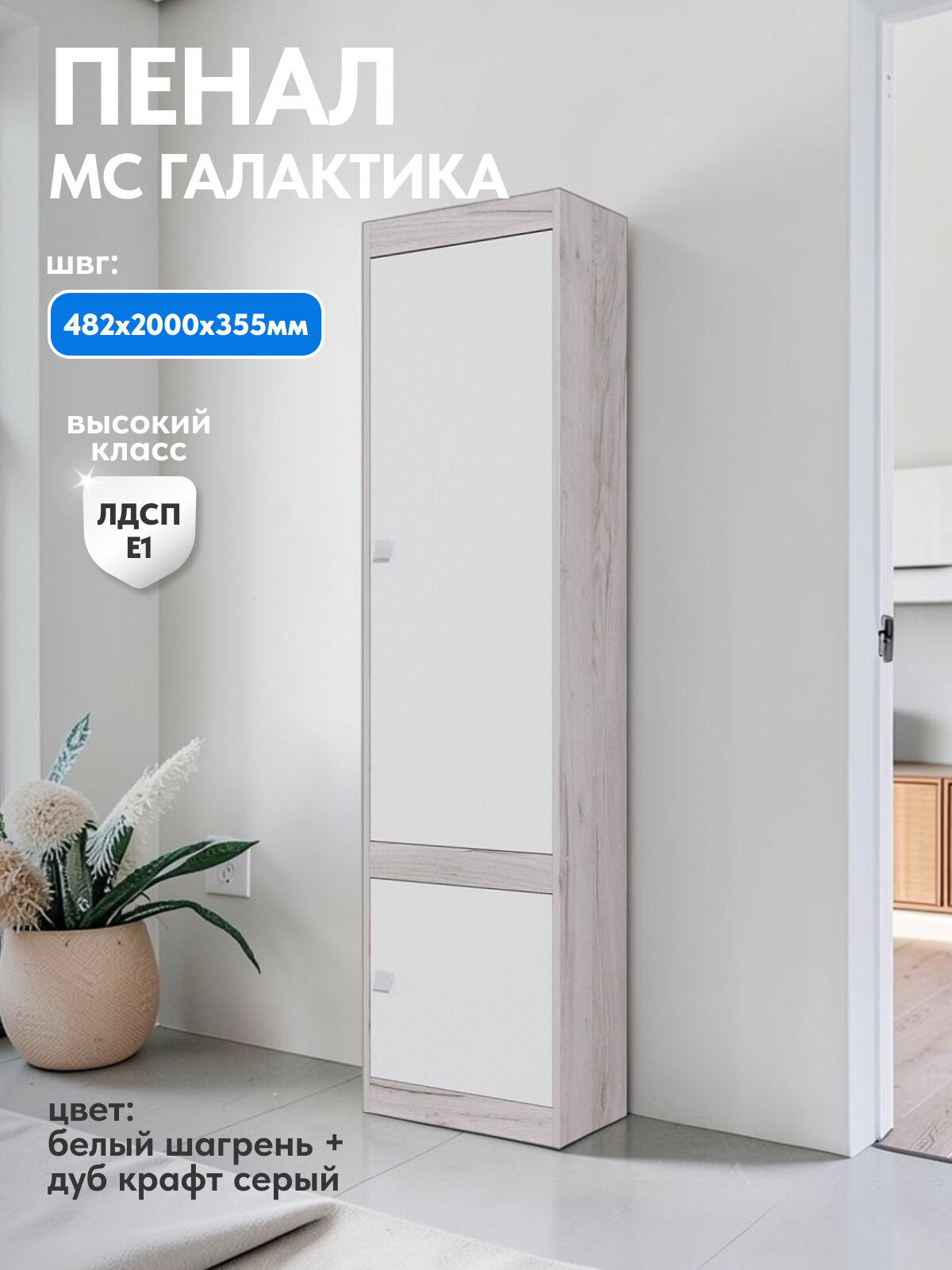 Пенал МС "Галактика" Дуб крафт серый, белый шагрень (ш482/г355/в2000) зарон