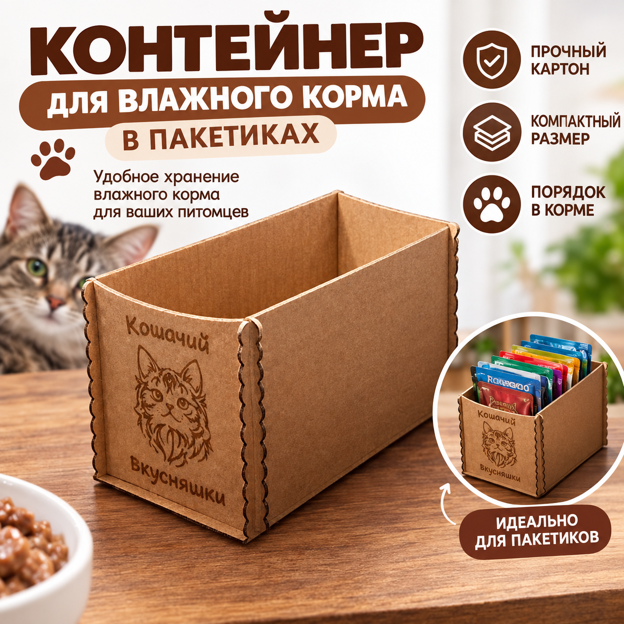 Контейнер для влажного корма, для кошек, из фанеры, цвет светлое дерево, 25х13х13,5 см