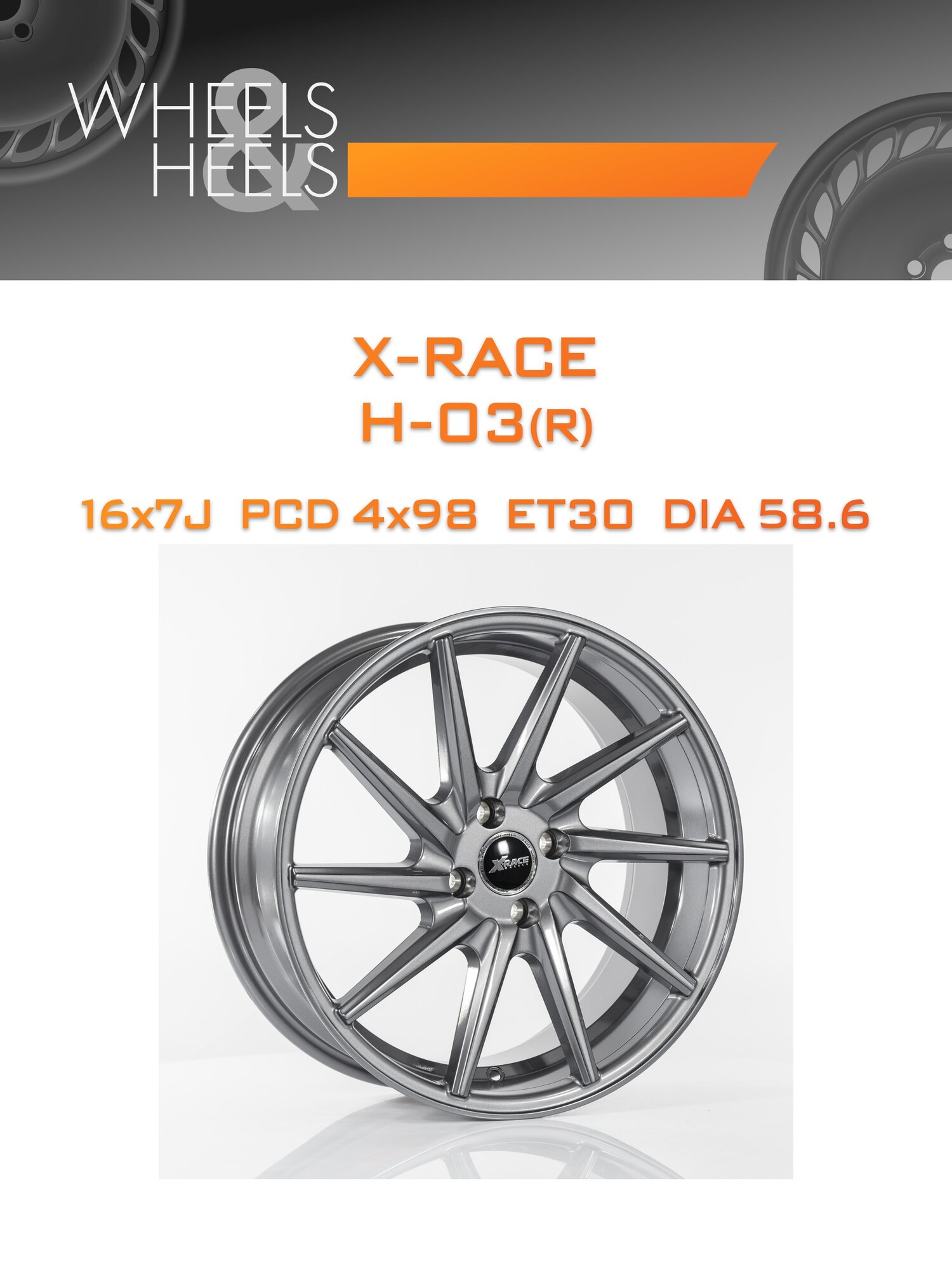 Диск автомобильный литой X-RACE H-03(R) 16x7 4x98 et30 dia58.6 graphite