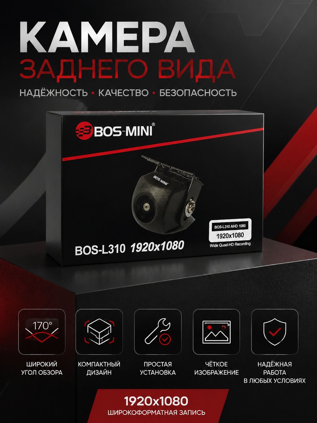 BOS-MINI Камера обзорная для автомобиля, Камера заднего вида 1920x1080, обзор 170°
