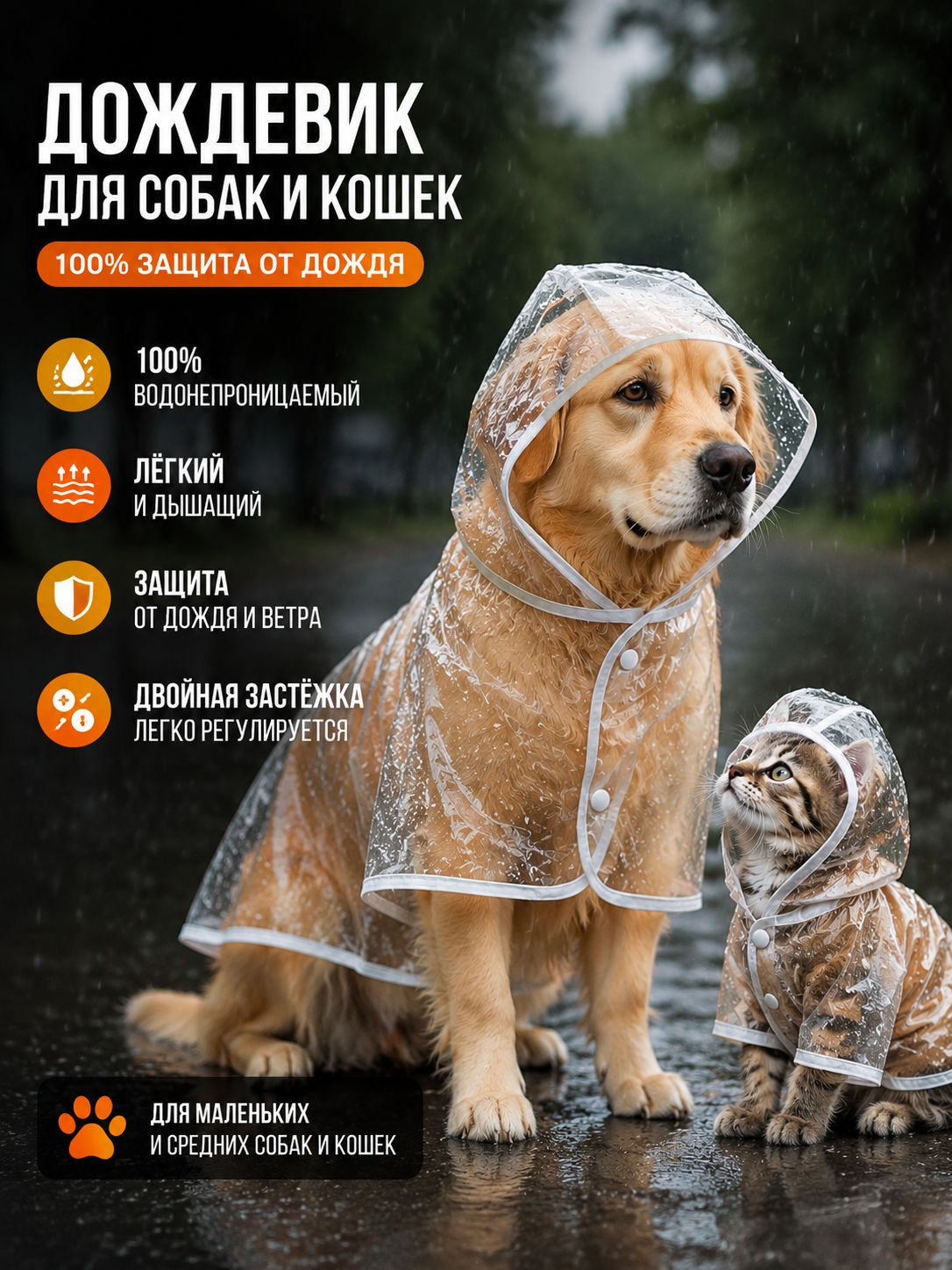 Дождевик для собак и кошек прозрачный водонепроницаемый плащ с капюшоном, защитная одежда для прогулок под дождём