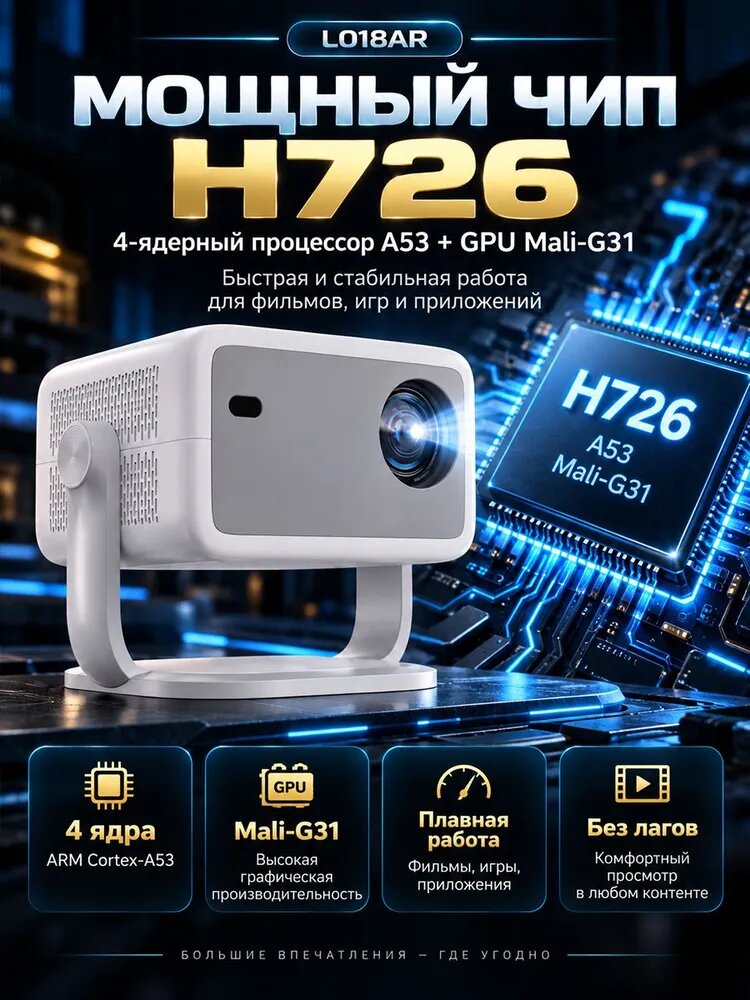 SKYBEATS Проектор Умный проектор LO18AR, нативное 1080P, яркость 650 ANSI, Android 14, автофокус + автокоррекция трапеции, поворотная подставка 230°, декодирование 8K, Wi-Fi 6, Bluetooth 5.4, портативный домашний кинотеатр, 1LCD, белый