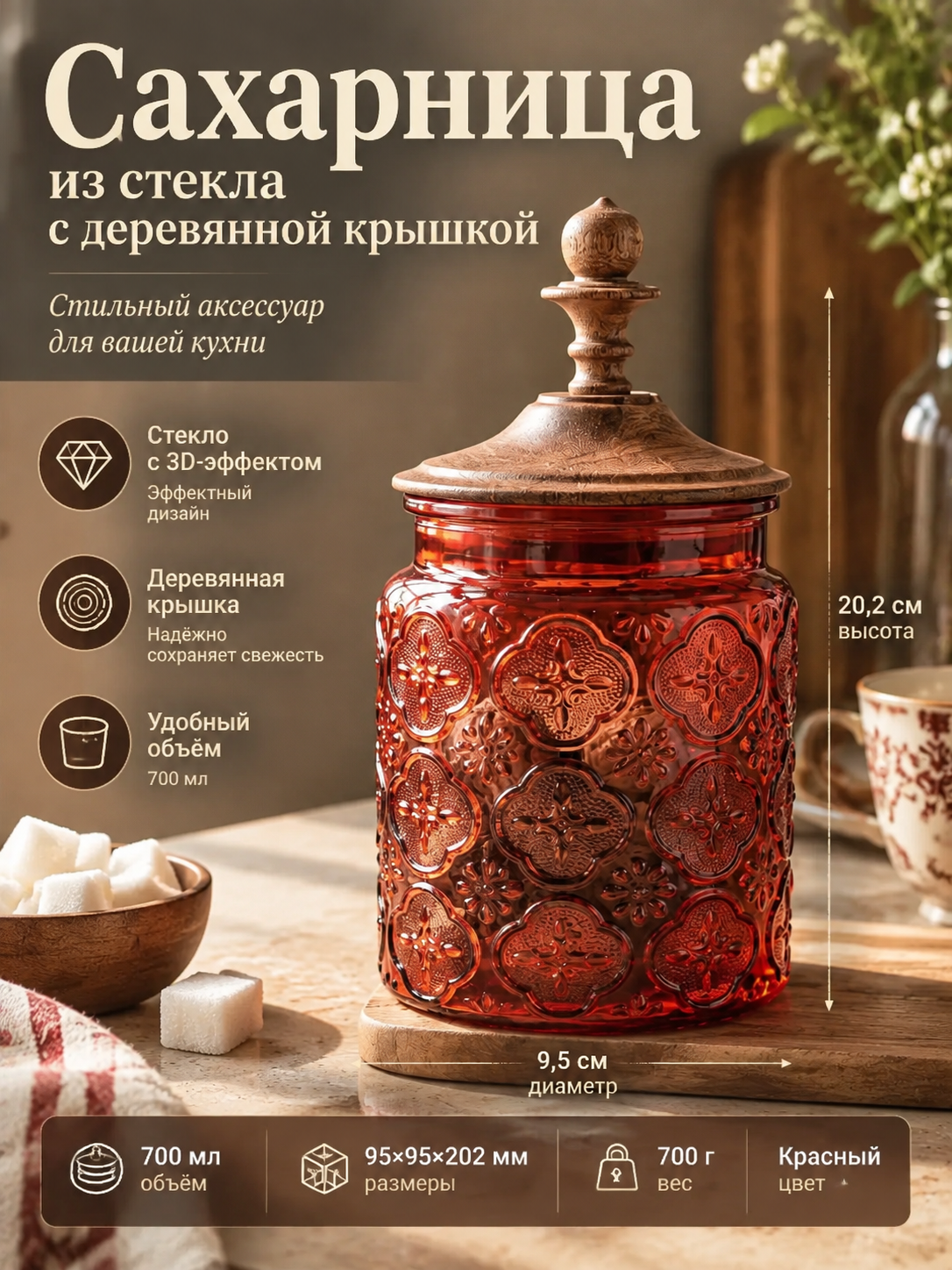 Красная стеклянная сахарница с деревянной крышкой, 700 мл