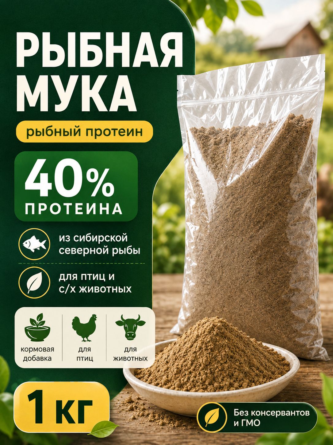 Рыбная мука 1 кг из Сибирской северной рыбы, кормовая добавка для животных и птиц
