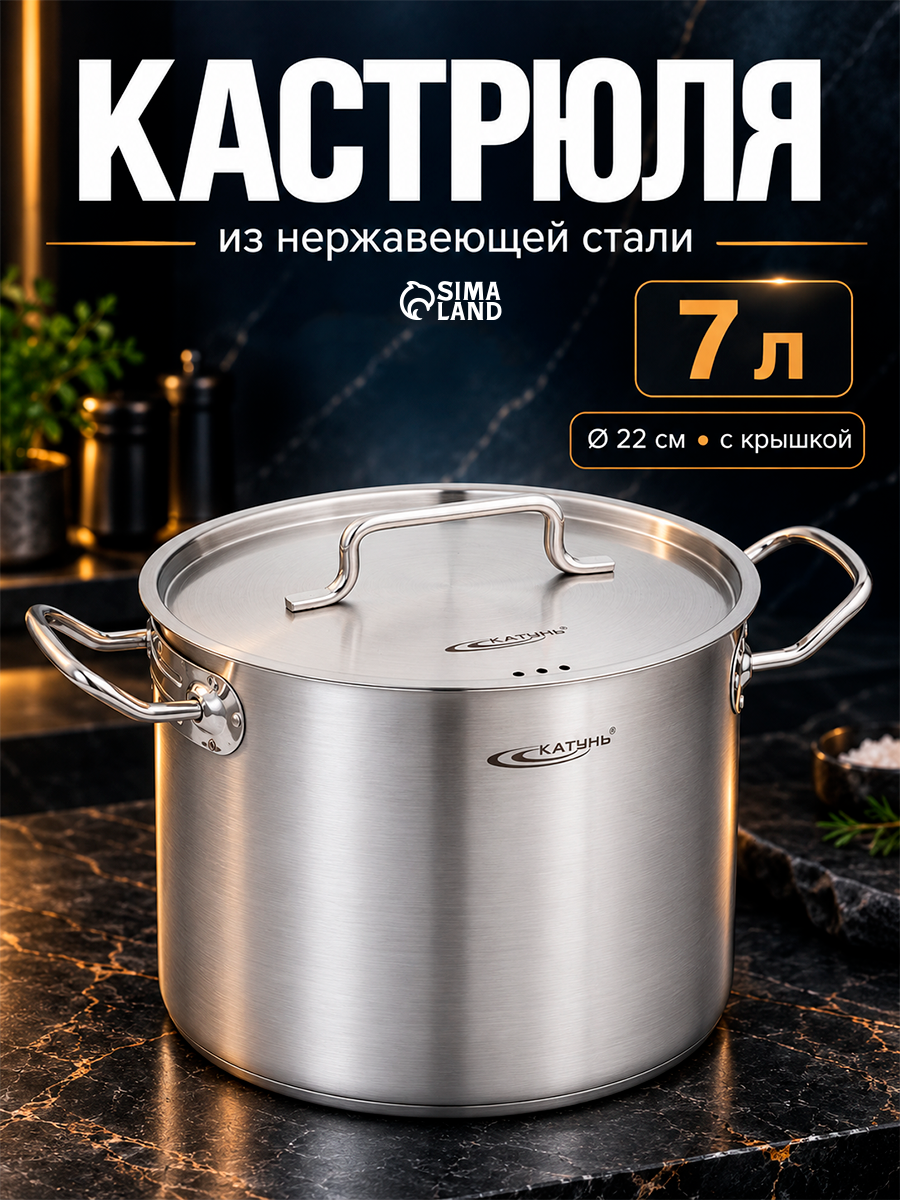 Кастрюля из нержавеющей стали с крышкой для индукционной плиты "Катунь" «Общепит», 7 л, d=22 см