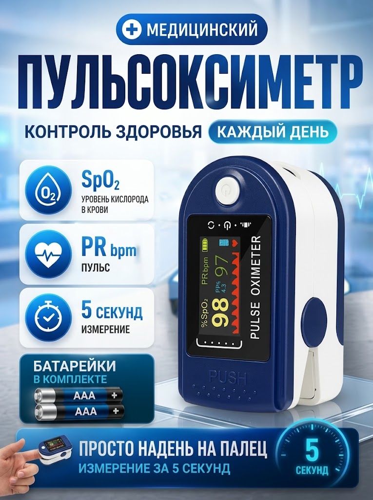 Пульсоксиметр медицинский на палец, аппарат для измерения уровня кислорода в крови, прибор для измерения сатурации на палец с батарейками