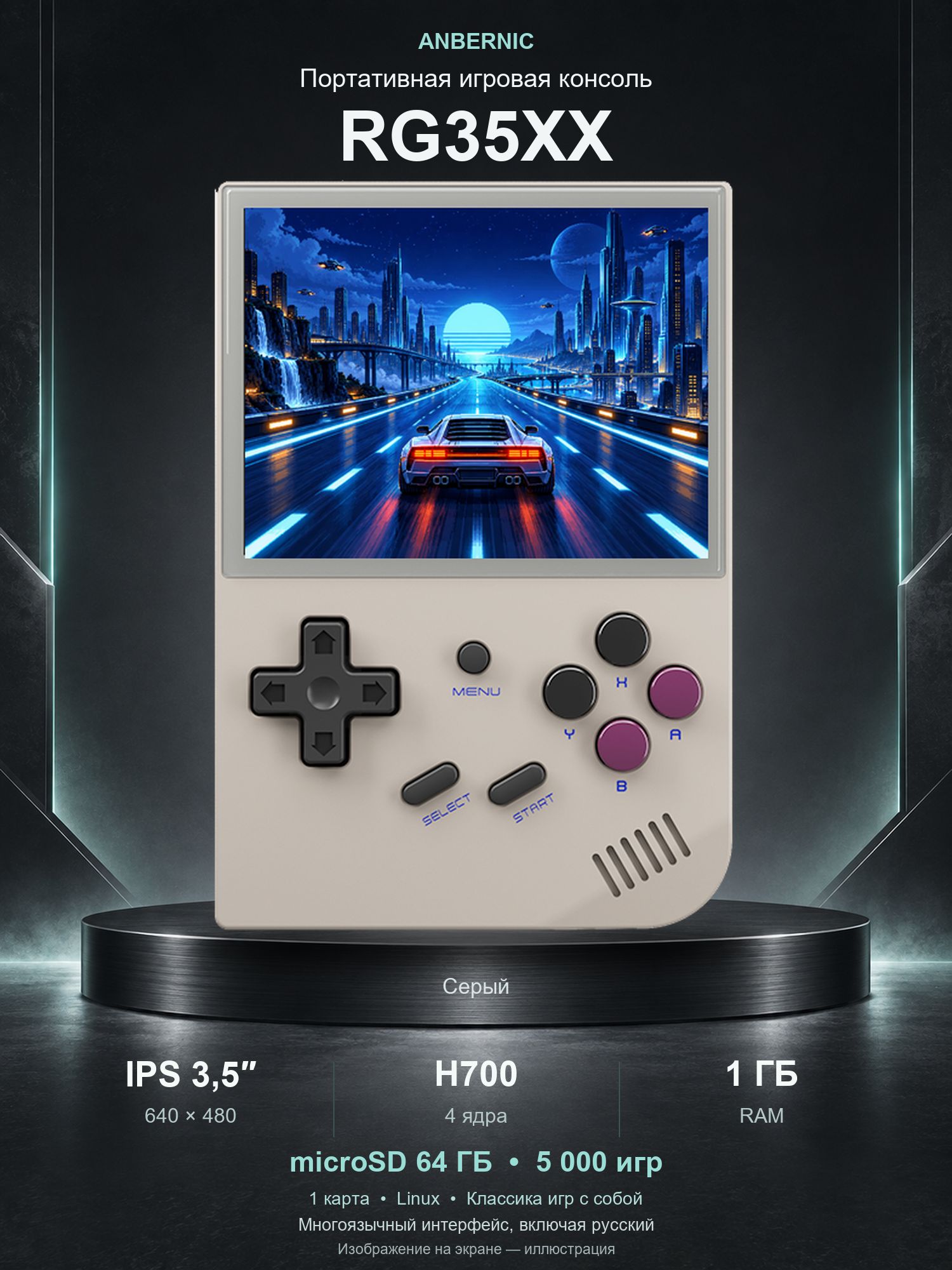 Портативная игровая консоль ANBERNIC RG35XX, IPS 3,5 , 64 ГБ, 5000 игр, серый