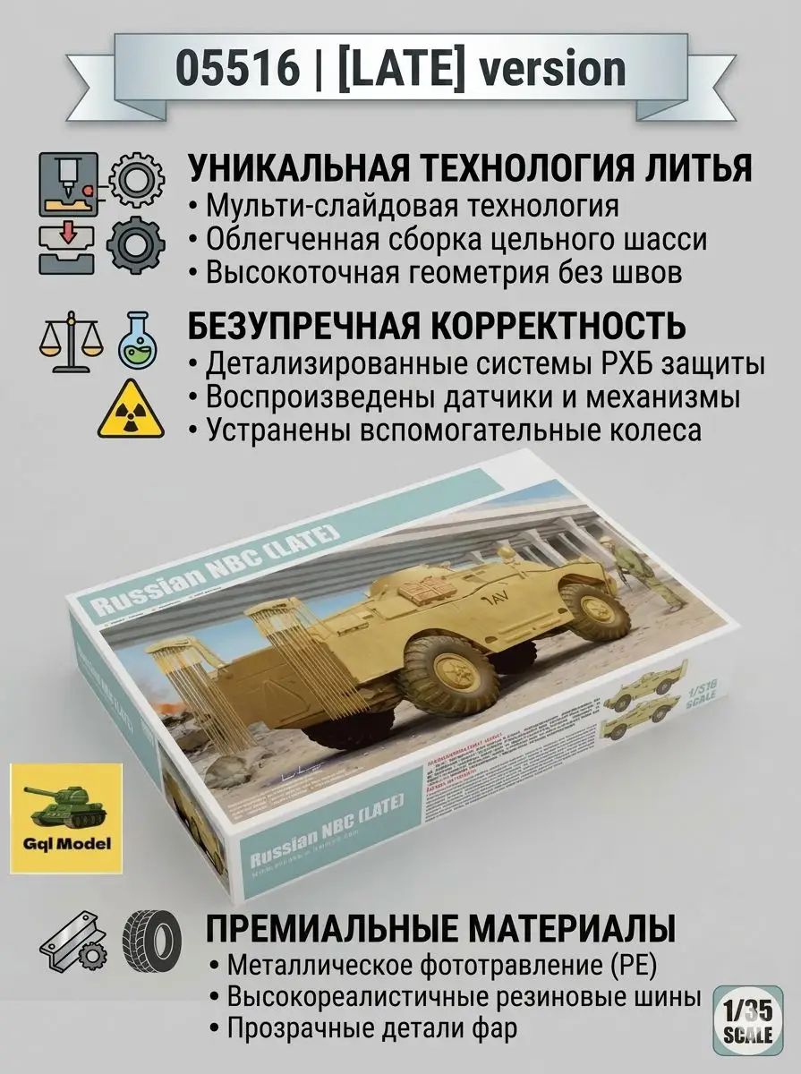 Сборная модель БРДМ-2 РХБ химической разведки (Поздняя версия) 05516 1/35, пластиковый конструктор для склеивания с фототравлением и резиновыми шинами