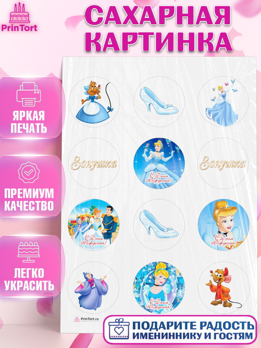 Сахарная картинка для торта Золушка. Украшения для торта девочке на День Рождения. Декор для выпечки PrinTort