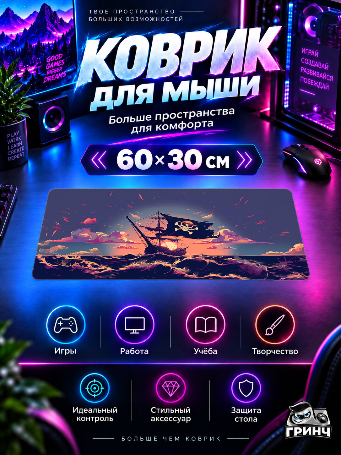 Игровой коврик для мыши 60×30 см — One Piece / Ван-Пис — Luffy Onepiece Anime