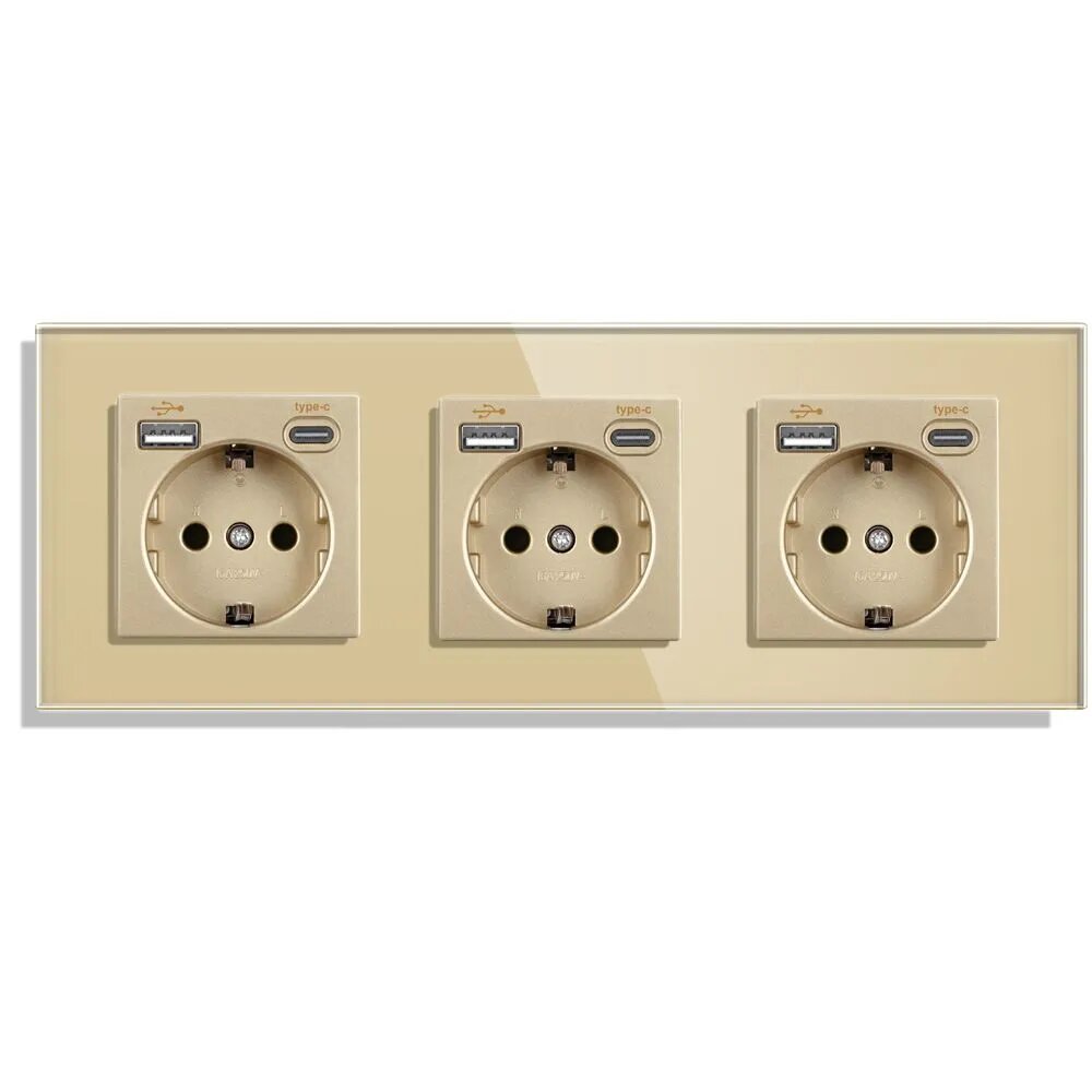 Розетка на 3 поста с USB и Type-C, стеклянная рамка 224x82 мм, золотая