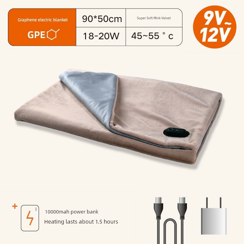 12V USB heated blanket 90x50cm electric throw cover car dorm outdoor super soft mink velvet + 10000mAh power bank