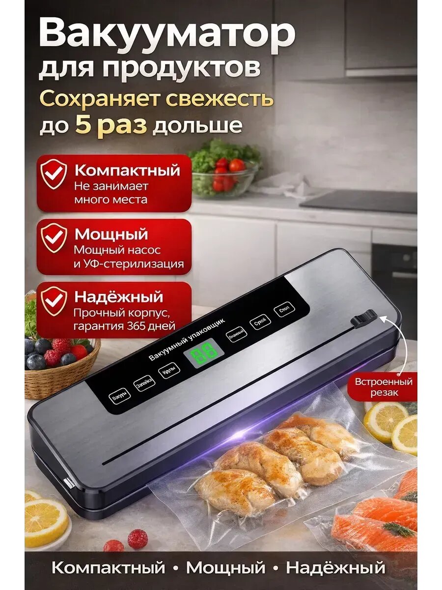 Вакууматор для продуктов с запайкой с резаком, серый, черный,1.2,7,11,120,35