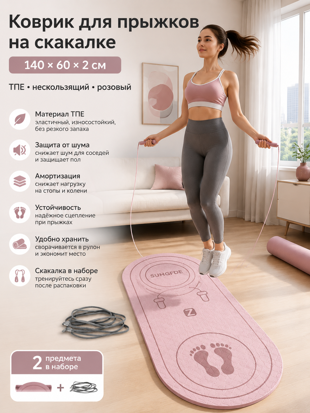 Коврик для прыжков на скакалке 140×60×2 см, ТПЕ, розовый, нескользящий, со скакалкой в наборе