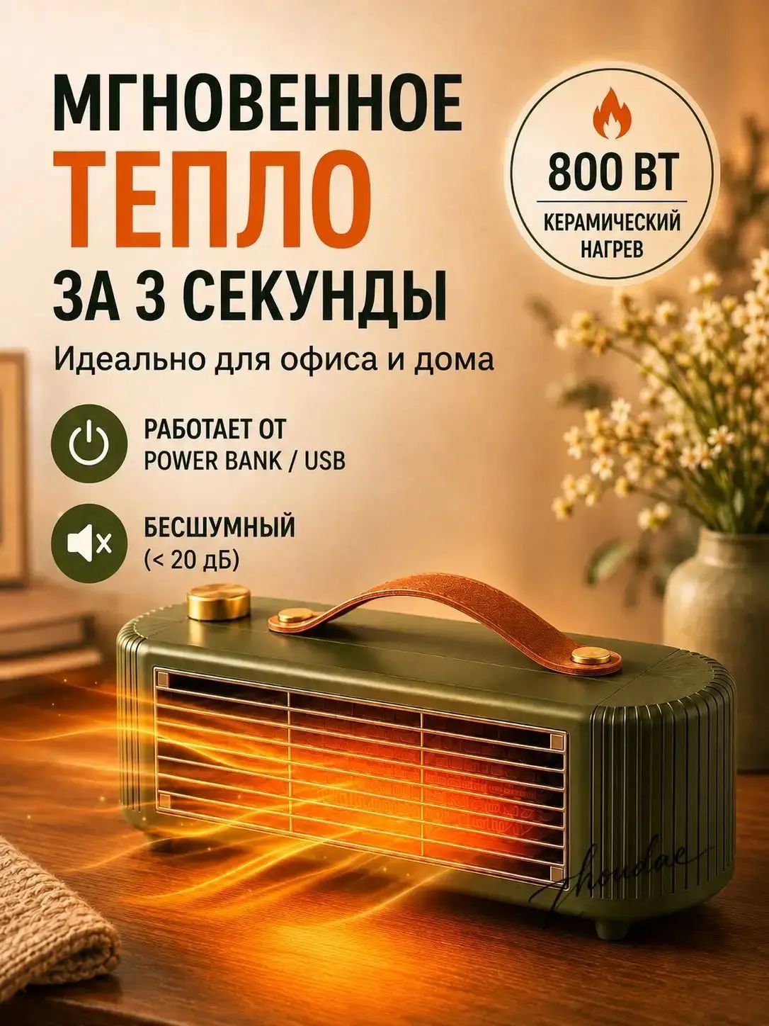 Обогреватель керамический 800 Вт портативный , бесшумный