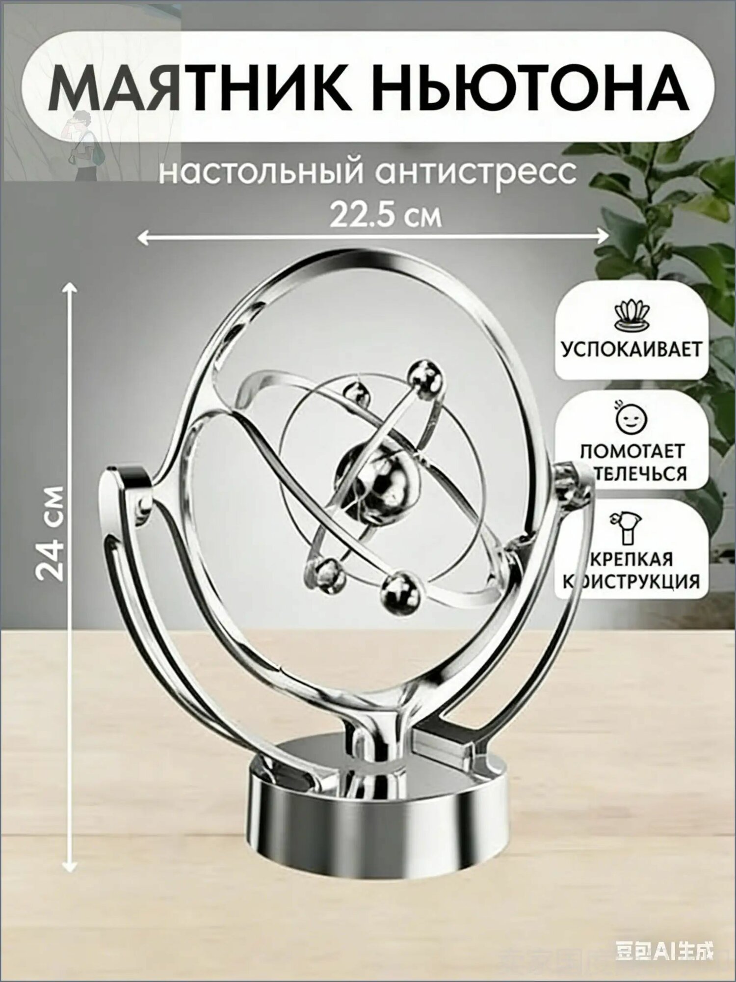 Маятник Ньютона, антистресс-устройство в серебристом исполнении, декоративный элемент для офиса и дома. Сфера из металла, имитация вечного движения.