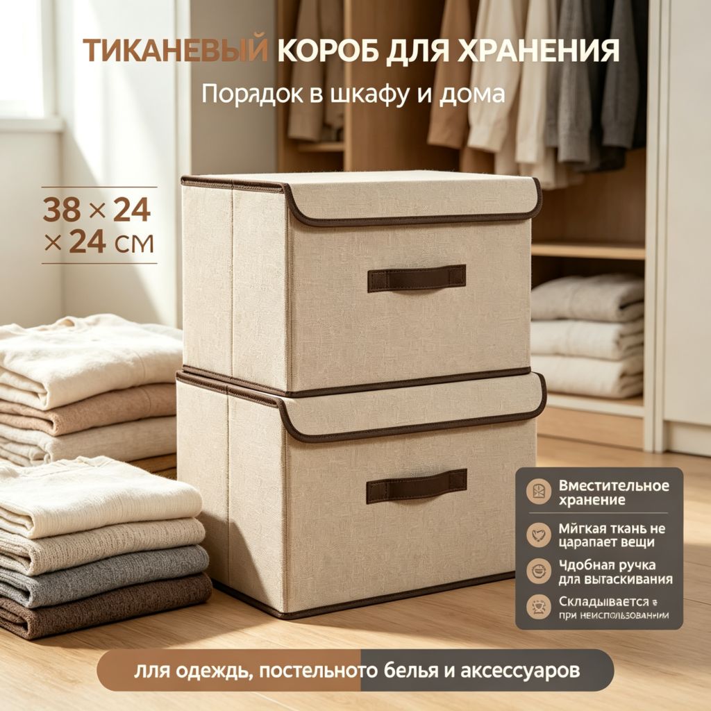 Коробка для хранения длина 24 см, ширина 38 см, высота 24 см, 1 шт