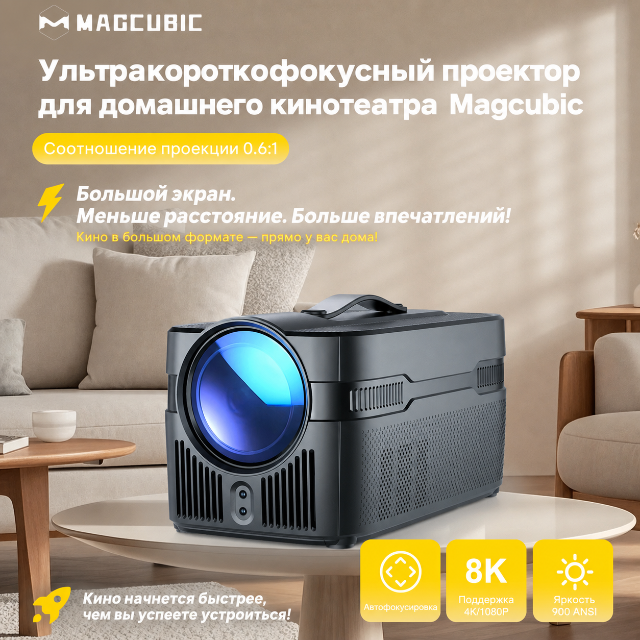 Проектор Magcubic HY450C, LCD, поддержка 1080p, 900 ANSI, Android TV, Wi-Fi, HDMI, USB