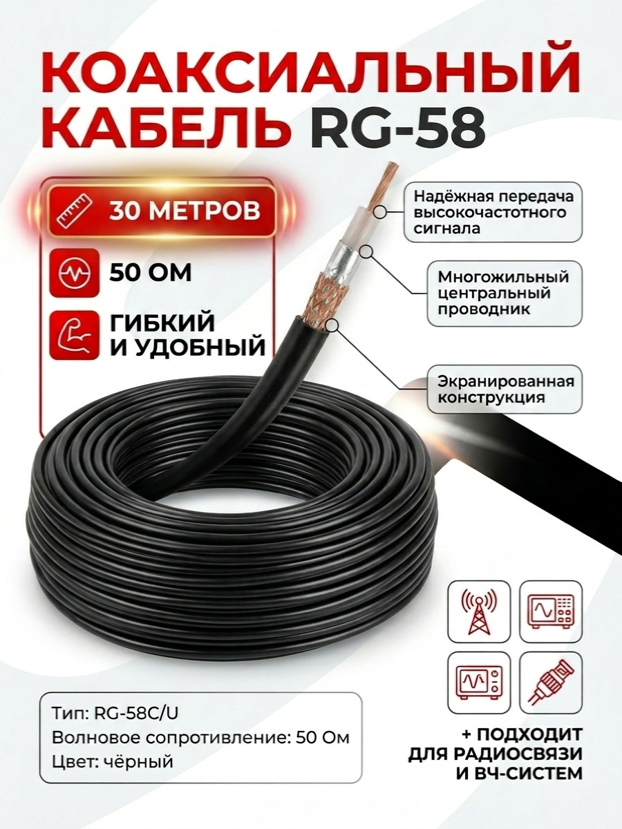 Кабель RG-58C/U коаксиальный 50 Ом медный черный( 30 метров)