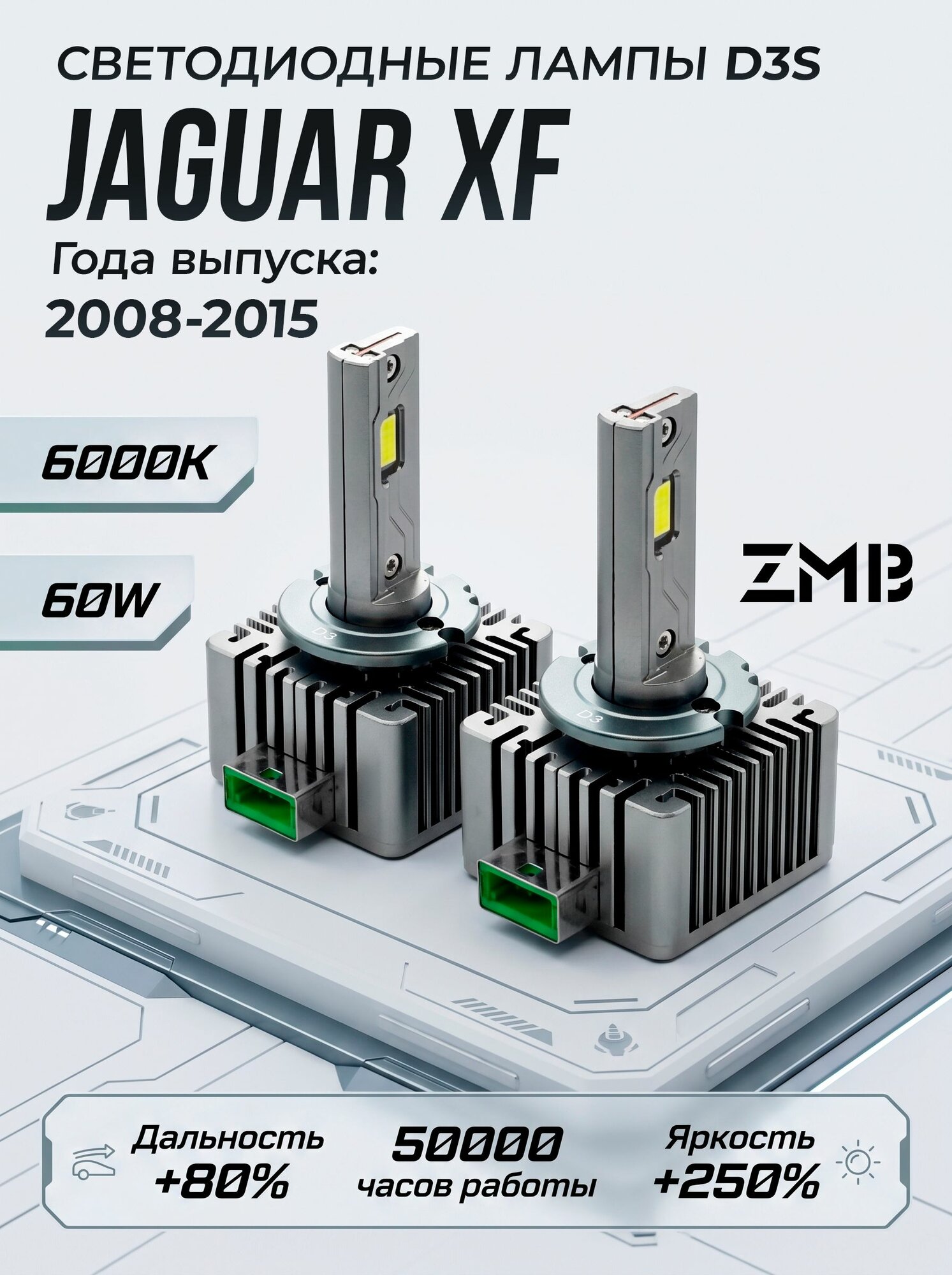 Светодиодные лампы ZMB D3S/R LED 60w на Jaguar XF 2008-2015 / замена штатных ксеноновых ламп Д3C для Ягуар XF