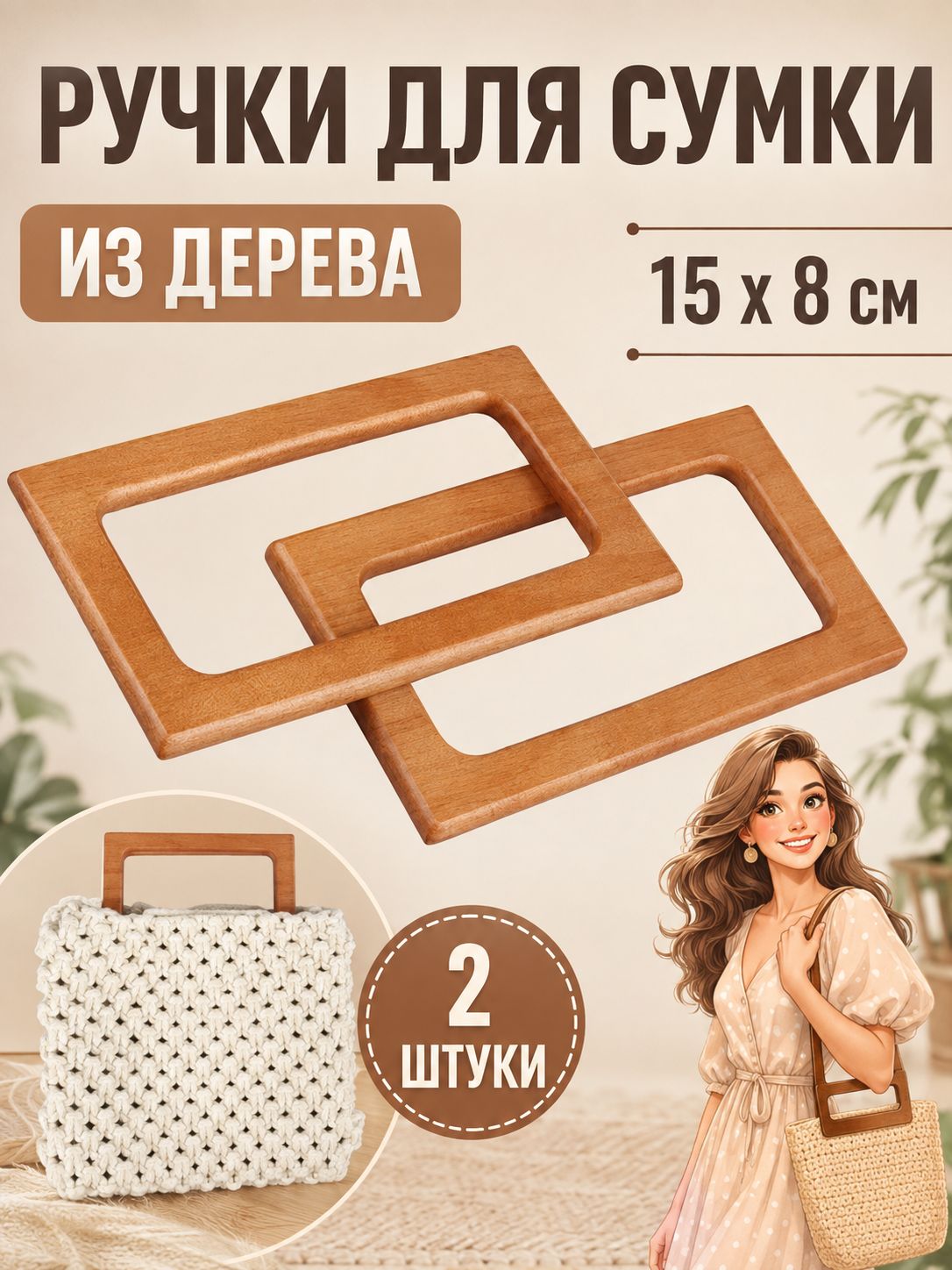 Комплект деревянных ручек для сумки, 15 8 см, 2 штуки, светло-коричневые