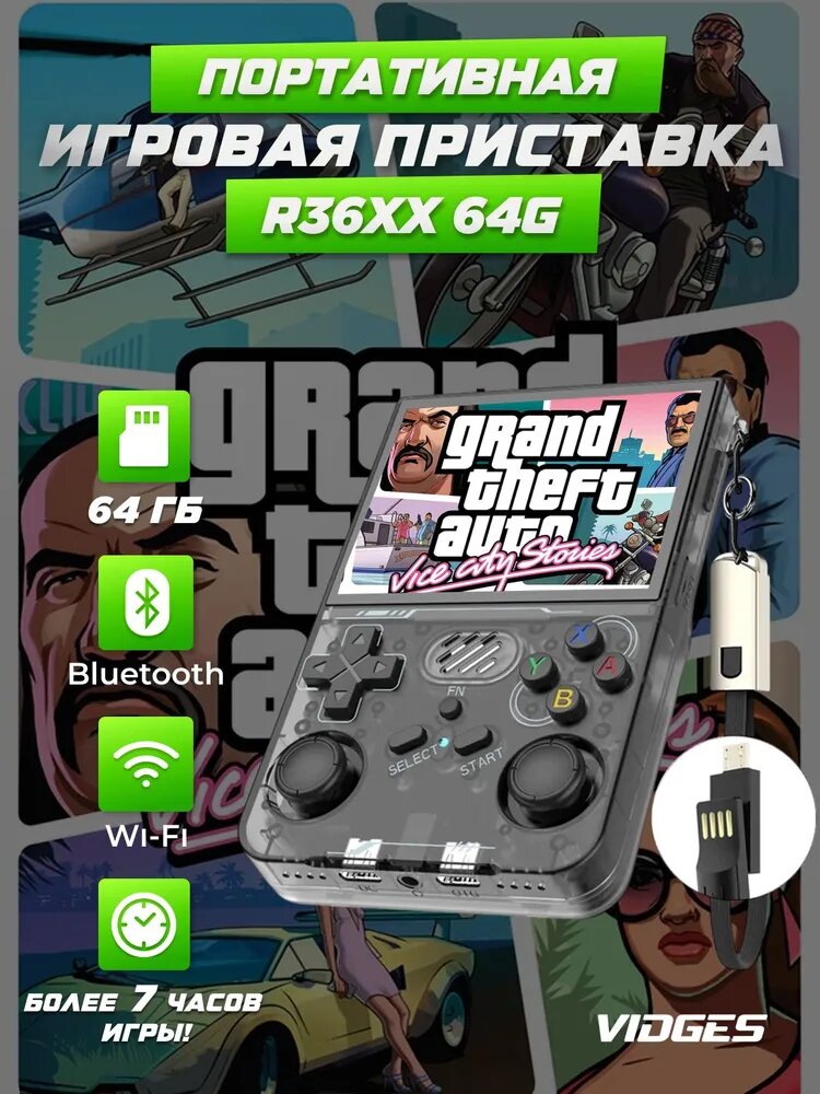 Портативная игровая приставка VIDGES R36XX для игр PSP, PS1, DreamCast, N64, NDS, NES 64 GB