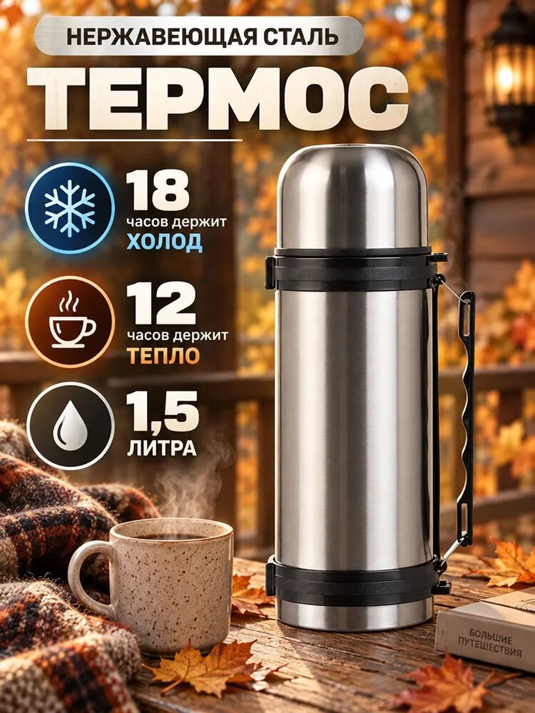 Термос для чая 1,5 литра из нержавеющей стали вакуумный с ремнём