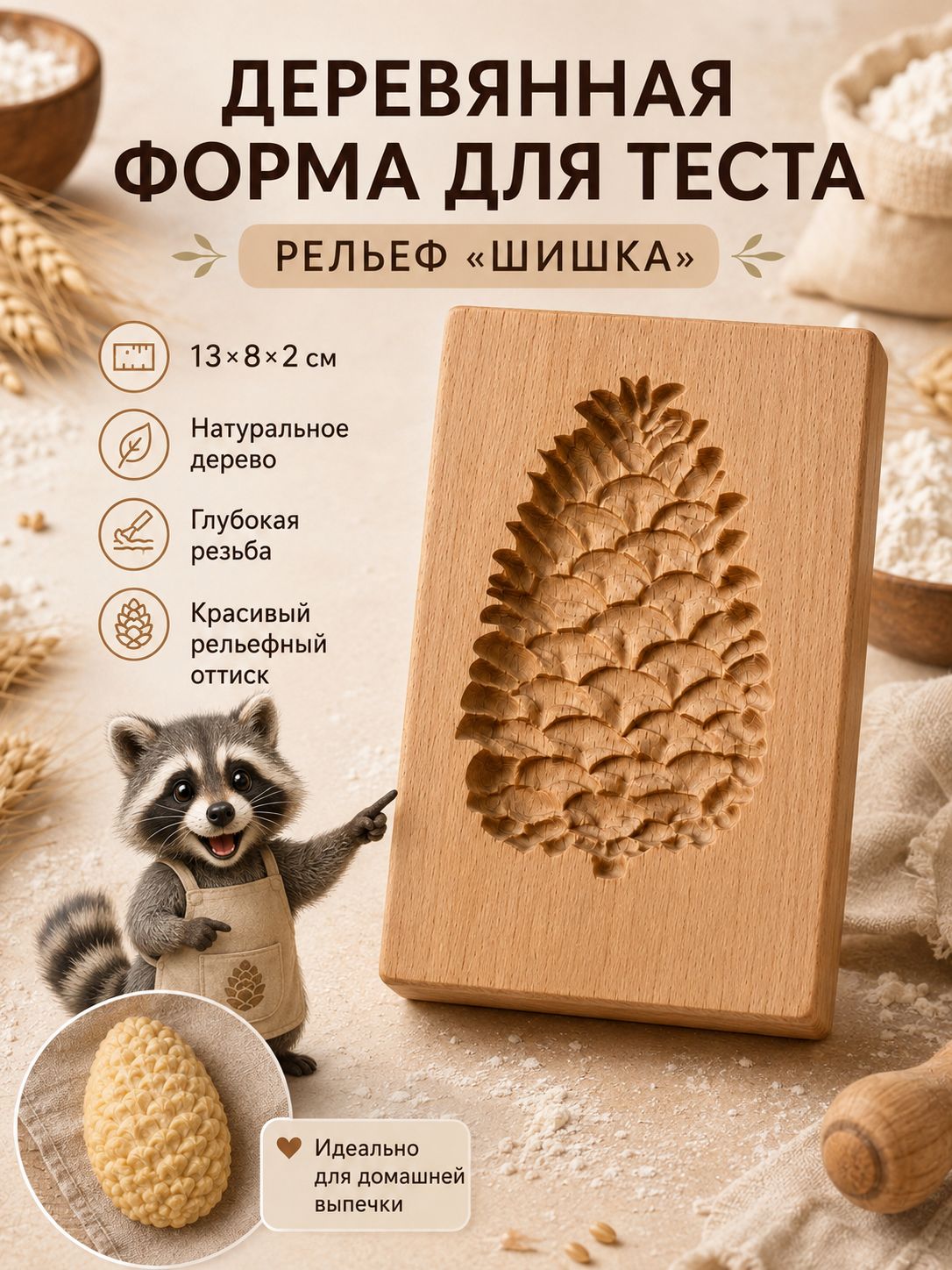 Форма для пряников и печенья Лесная шишка,13*8*2 см, Деревянная, для запекания, Для духовки, пряничная доска, светло-коричневая