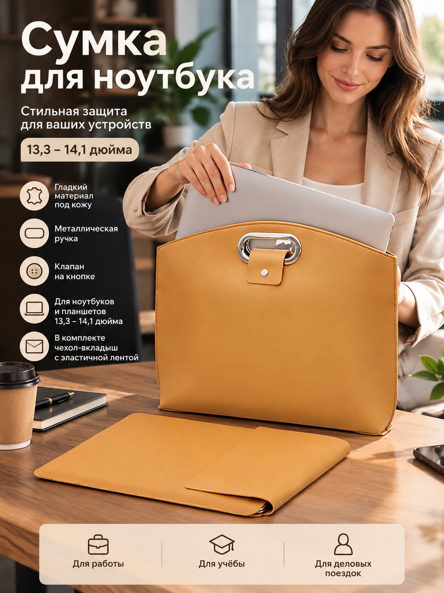 Сумка для ноутбука 13–14 дюймов из кожи с металлической ручкой и чехлом-вкладышем