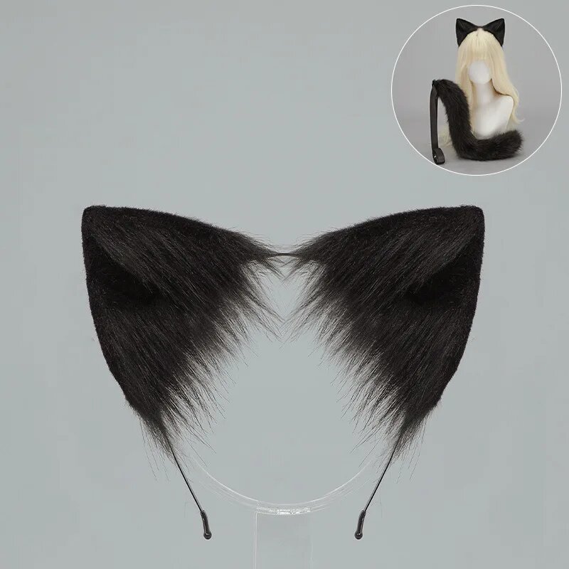 Пушистые ушки и хвост кошки для косплея Черный, Black Ears