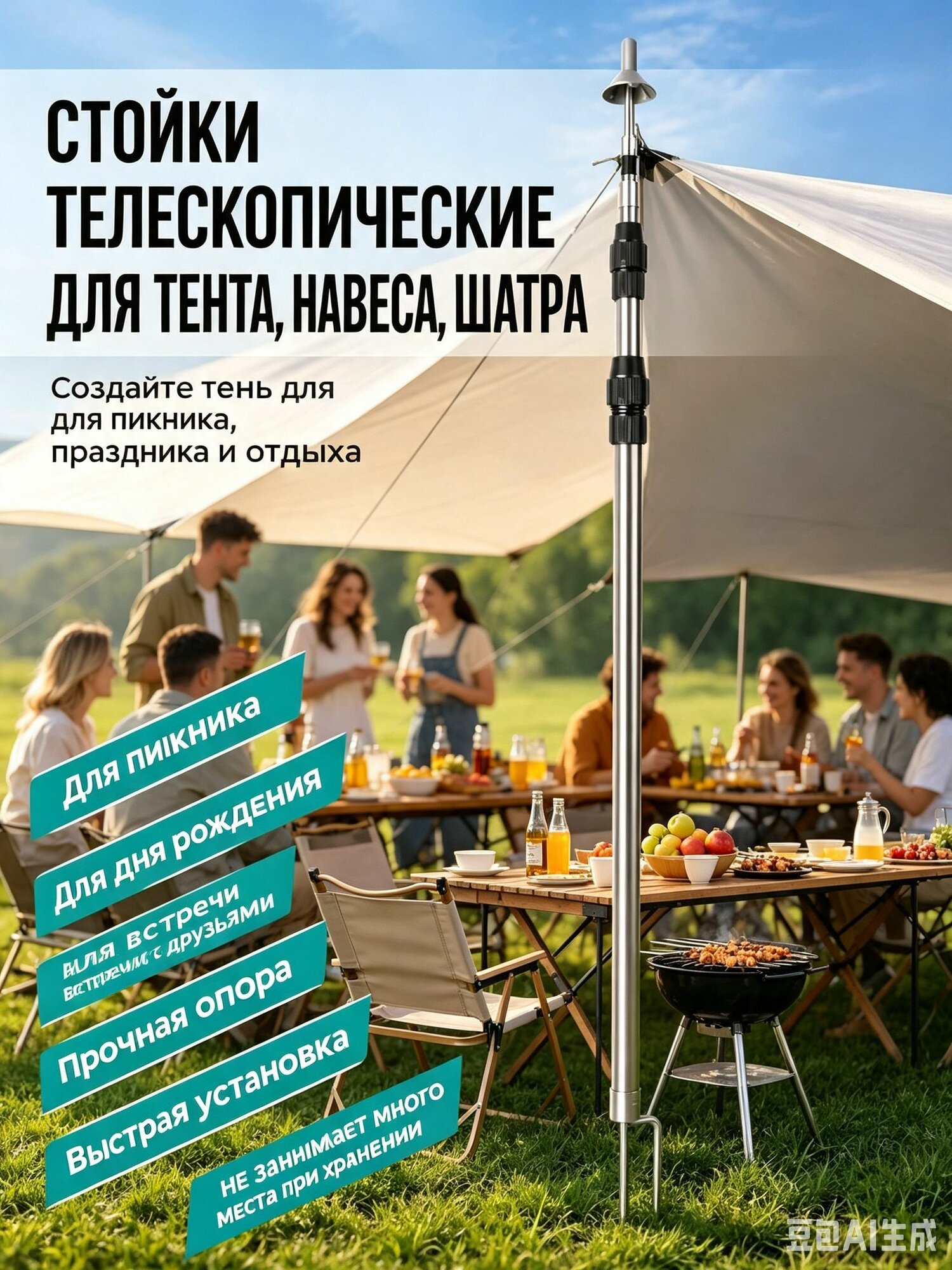 Стойки для тента, Стойки телескопические для тента, палатки, навеса, шатер, Свободно регулируемая,1.5m